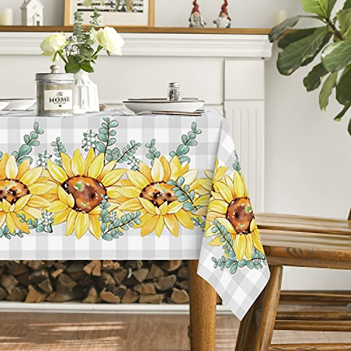 Horaldaily Spring Summer Tablecloth 60x60 Inch, Buffalo Plaid Sunflower Eucalyptus Floral Table Cover for Party Picnic Dinner Decor