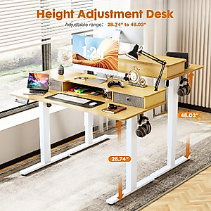 Height Adjustable Electric Standing Desk with Storage Shelf Double Drawer, 40 x 24 Inch Stand up Desk, Sit Stand Desk with Splice Board, Standing Table White Frame/Oak Desktop for Home Office