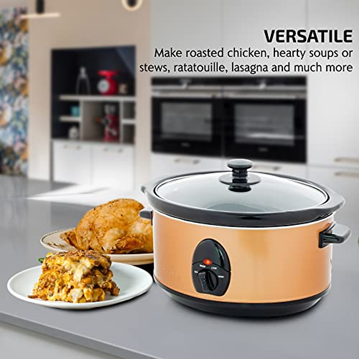 OVENTE Electric Slow Cooker with 3.7 Qt Ceramic Pot and 3 Cooking Settings, Dishwasher-Safe Stoneware, Tempered Glass Lid, Portable Multicooker Perfect for Soups Sauces Stews & Dips, Copper SLO35ACO1
