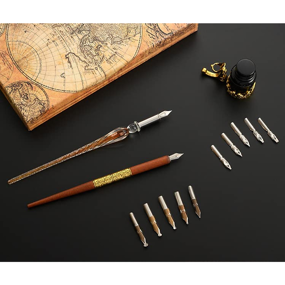 Fountain Pen Set - Calligraphy Pen Set Includes Wooden & Glass Pen - Ink & Pen Nibs