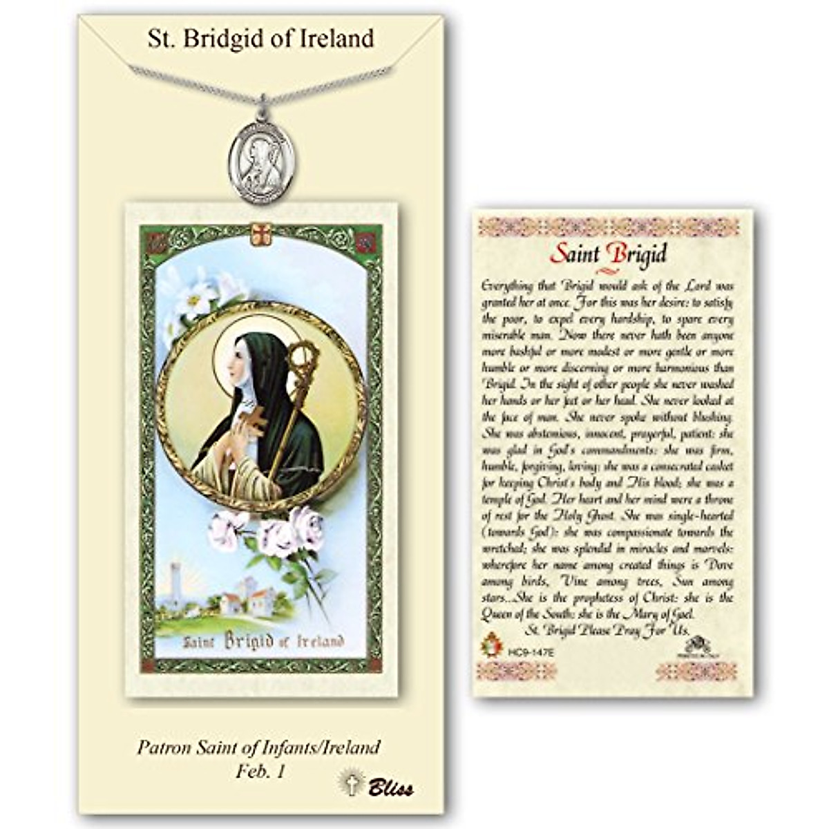 Bonyak Jewelry Pewter St. Brigid of Ireland Medal on an 18 inch Lite Curb Chain with a Prayer to St Brigid Prayer Card.