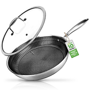 NutriChef 10" Stainless Steel Frying Pan - Triply Kitchenware Stir Fry Pan Kitchen Cookware w/DAKIN Etching Non-Stick Coating, Scratch-resistant Raised-up Honeycomb Fire Textured Pattern NC3PL10