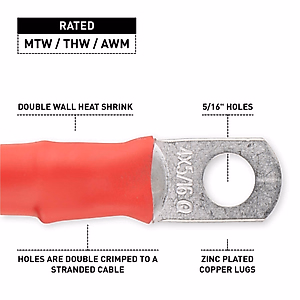 Exell Battery 4 Gauge Interconnecting Copper Cable, 6-Inch Length with 5/16-Inch Lugs (Red)