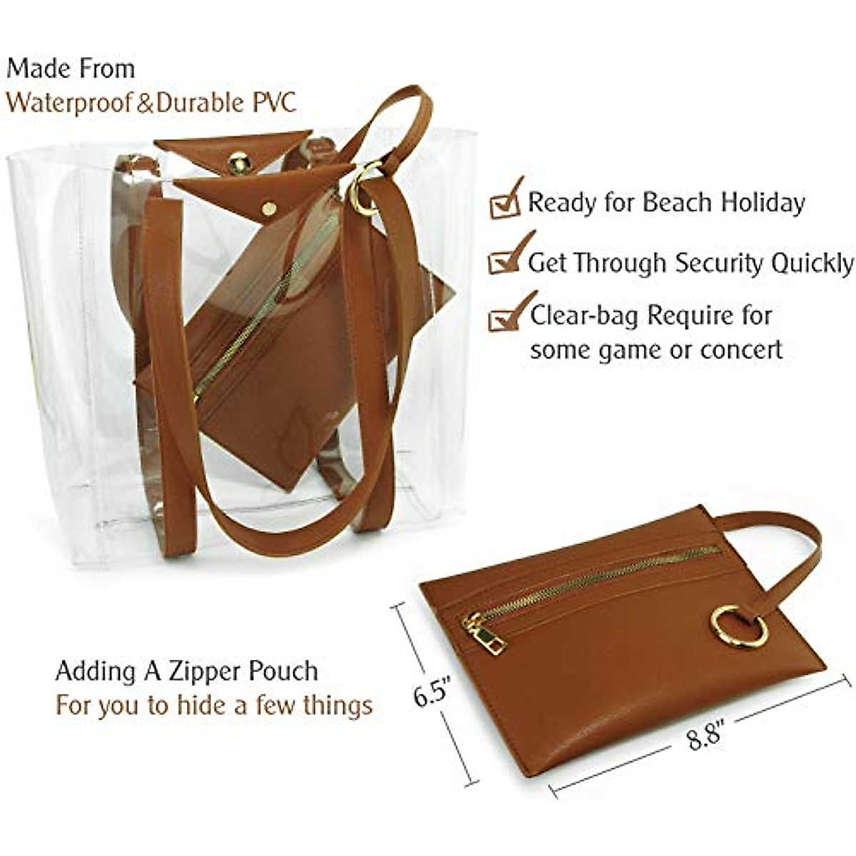 Clear Tote with Vegan Leather Pouch Women Weekender PVC Handbag Shopper Work Bag (Brown)
