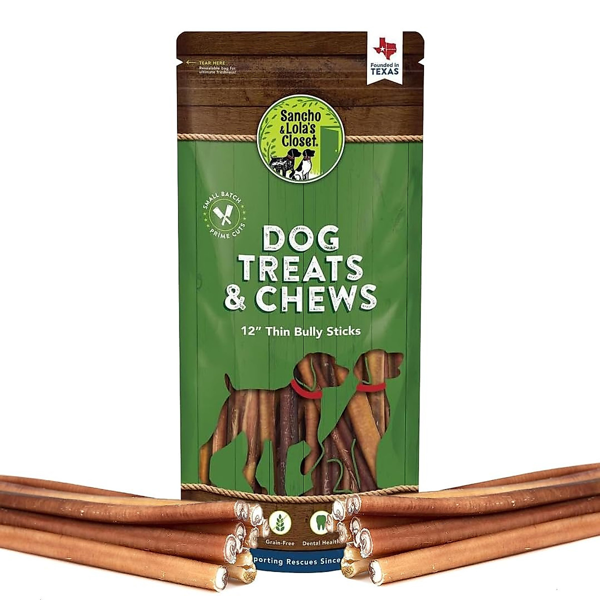 Supreme 12-inch Thin Bully Sticks by Sancho and Lola’s (10 Pack) All-Natural, Long-Lasting Dog Chew Treats - Free-Range, Grass-Fed Beef - Low Odor