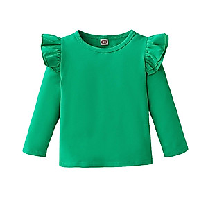 LYSMuch Toddler Baby Girls Long Sleeve Ruffle T Shirt Kids Casual Plain Solid Top Blouse T-Shirt Undershirt (Green,3-4T)