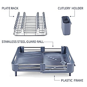 BRWINASLL Dish Drying Rack, Expandable Sink Dish Rack , Stainless Steel Drying Rack for Kitchen Counter and Drainboard Set with Removable Utensil Holder, Grey Dish Rack - 13.4-21.7 Inch