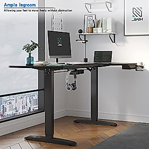 JWX Standing Adjustable Desk, 63 inches L Shaped Electric Standing Gaming Desk with Locking Wheels, Cup Holder, Headphone Hook, Cable Manager, Mouse pad, Carbon Fiber Textured Pane