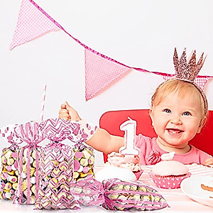 105 PCS Baby Shower Cellophane Treat Bags, Gender Reveal Candy Bag Polka Dot Stripes Printed Plastic Goodie Favor Bags with 100 Silver Twist Ties for Christmas Birthday Party Decor(Light Pink)