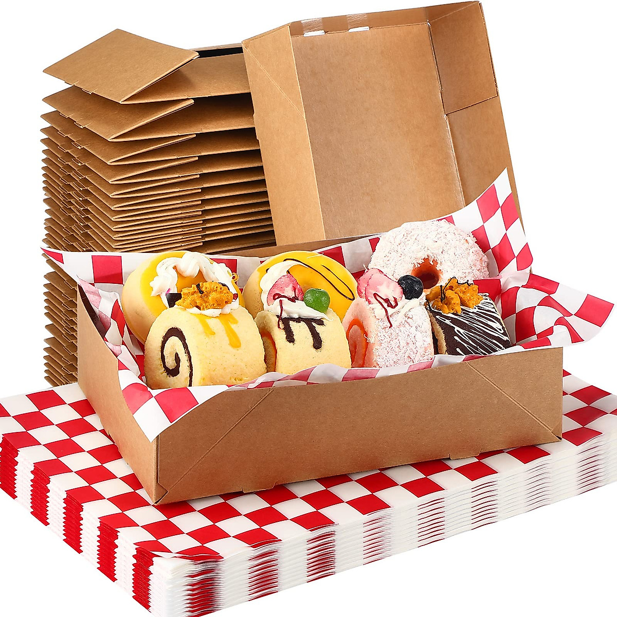 200 Pcs Kraft Paper Food Tray and Checkered Food Wrapping Paper Set 4 Corner Pop up Paperboard Food Box Disposable Foldable Cardboard Trays Brown Greaseproof Food Paper Box for Theater Stadium