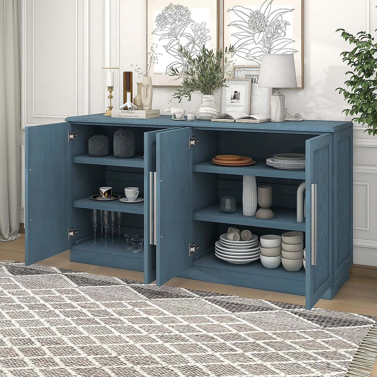 GLANZEND Modern Sideboard with 4 Doors Large Storage Space, Buffet Cabinet with Shelves and Silver Handles, Console Sofa Table for Entryway/Hallway/Living Room, Antique Blue
