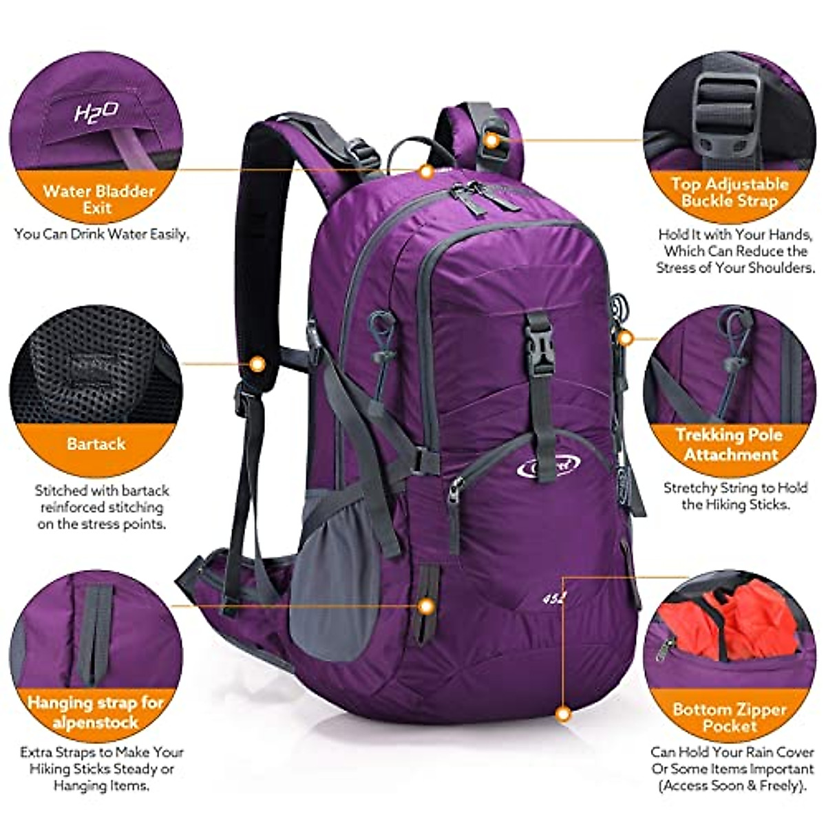 G4Free 45L Hiking Travel Backpack Waterproof with Rain Cover, Outdoor Camping Daypack for Men Women(Purple Red)