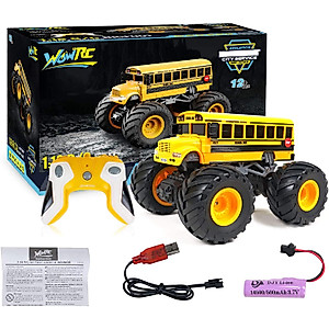 WOWRC Remote Control Fire Truck RC School Bus with Sounds Lights Rechargeable 2.4GHz Monster Trucks Toy for Kids, Boys, Toddlers (Yellow)