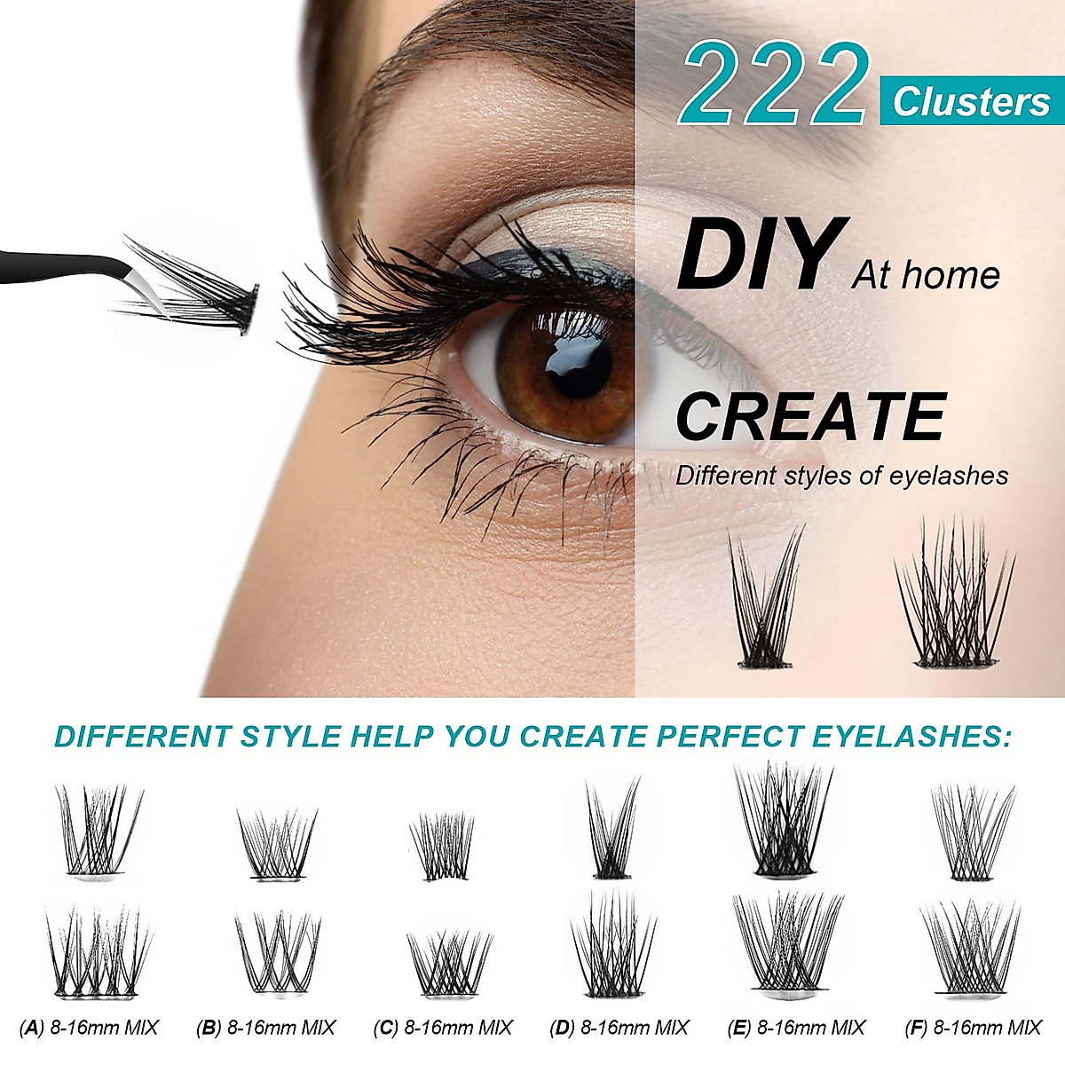 Elubbikok DIY Eyelash Extension Kit with 222PCS Eyelash Clusters, Eyelash Glue and Eyelash Tweezers, Eyelash Extension Beginner's Kit, 3D Natural Curl Personal Eyelash Set