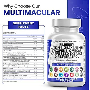Eye Health Vitamins with Bilberry 6000mg Lutein & Zeaxanthin 40mg Lycopene 40mg Resveratrol 3000mg Grape Seed Extract 6000mg Omega 3 4000mg Astaxanthin - Eye Vitamin - 60 Capsules