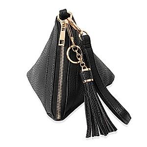 Triangle Vegan Leather Wristlet Clutch Purse Handbag - Pyramid Evening Cocktail Pouch Wallet Detachable Strap & Tassel Charm (Black) One Size