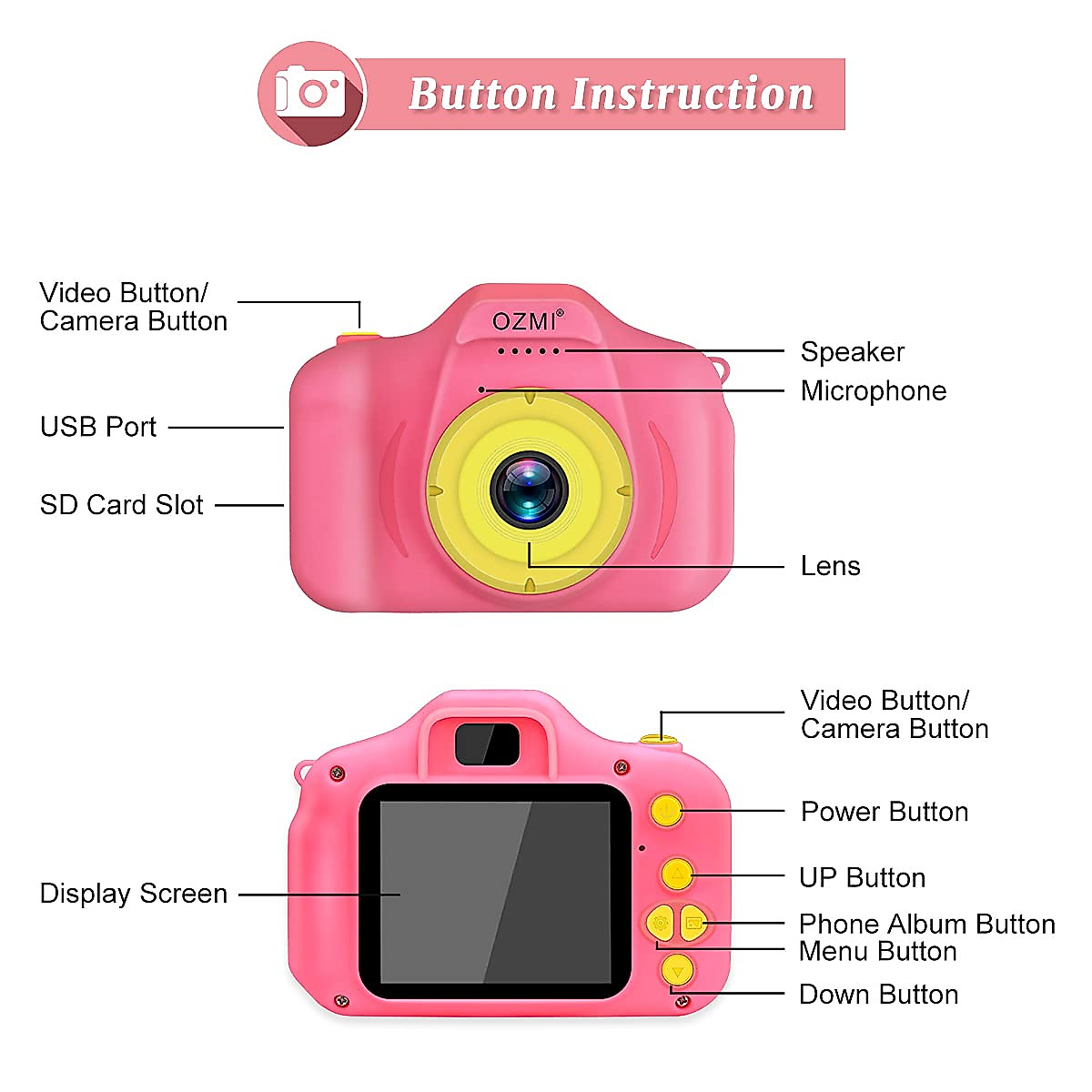 OZMI Kids Camera Toys for 3-9 Year Old Girls, Kids Selfie Camera Compact for Child Little Hands, Smooth Shape Toddler Camera, Best Christmas Birthday Gift for 4 5 6 7 8 9 Year Old Girls with 32GB Card