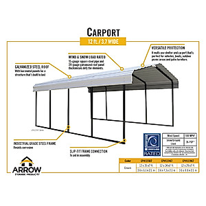 Arrow Shed CPH122907 29-Gauge Carport with Galvanized Steel Roof Panels, 12' x 29' x 7', Eggshell
