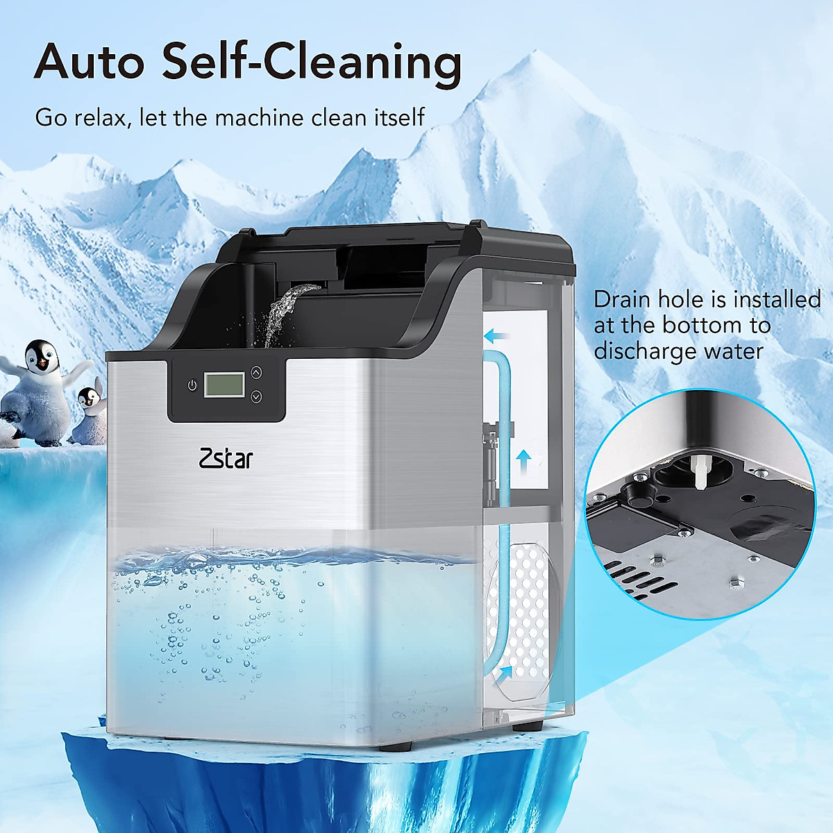 Nugget Ice Maker, Zstar Countertop Ice Maker, Stainless Steel Pebble Ice Maker, 44LBs/24H, Self-Cleaning and Timer Function, Small Portable Sonic Ice Maker with Ice Basket and Ice Scoop for Home, RV
