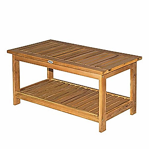 Outsunny Outdoor Coffee Table 2-Shelf Acacia Wood Rectangular Buffet Storage Organizer Natural Finish Teak Patio, Deck, Lawn, Garden 35.5"x17.75"x17"