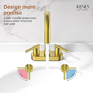 KENES Brushed Gold 4 Inch 2 Handle Centerset Bathroom Faucet, 3 Hole Gold Bathroom Sink Faucet, with Pop Up Sink Drain and Two Water Supply Lines, KE-9019-4