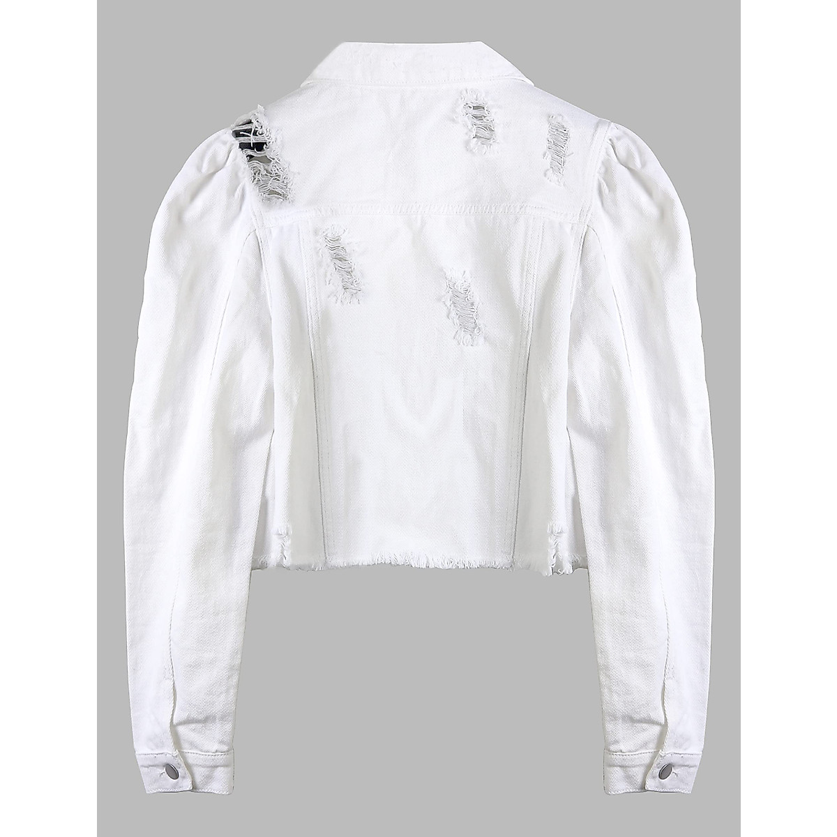 Omoone Women's Ripped Puff Sleeve Denim Crop Top Long-Sleeve Cropped Jean Jacket(1676-White-M)