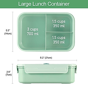 Caperci Classic Bento Box Adult Lunch Box for Older Kids - Leakpoof 47 oz 3-Compartment Lunch Containers for Adults and Teens, Built-in Utensil Set, Ideal for On-the-Go Balanced Eating, Green
