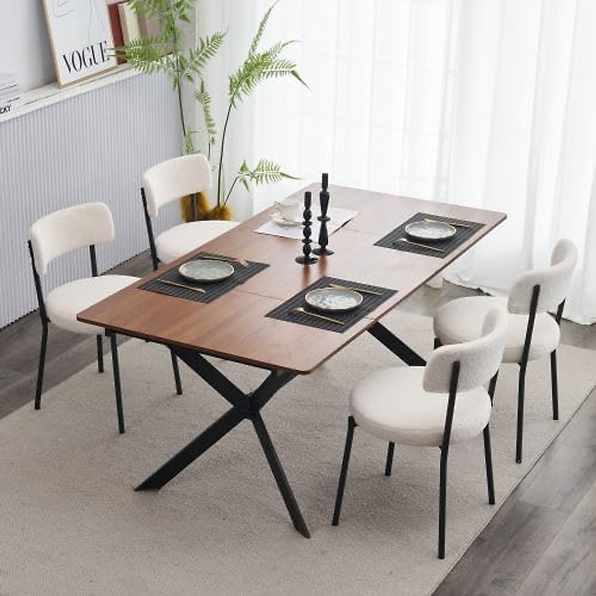 AWQM White Dining Chairs Set of 4, Upholstered Boucle Dining Chair with Curved Backrest and Black Metal Legs, Kitchen Dining Room Chairs for Living Room, Kitchen