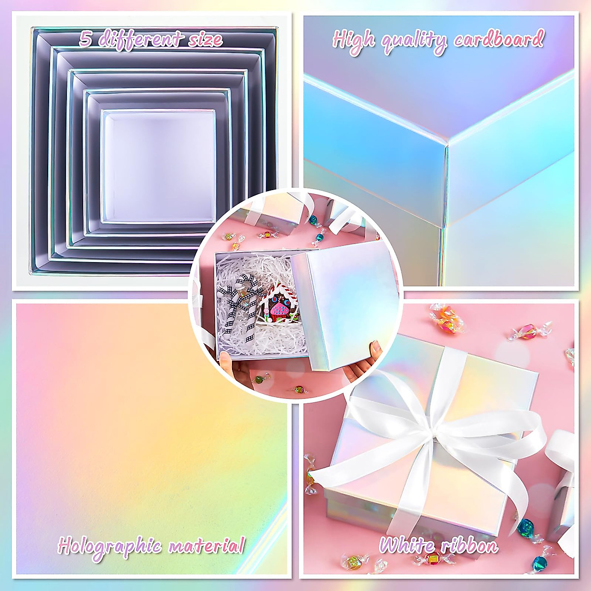 Fulmoon 5 Pcs Holographic Sliver Nesting Gift Boxes Square Gift Boxes with Lids Set 5 Assorted Sizes Laser Square Stacking Boxes with Ribbon for Wedding Festival Birthday Party Presents Keepsake