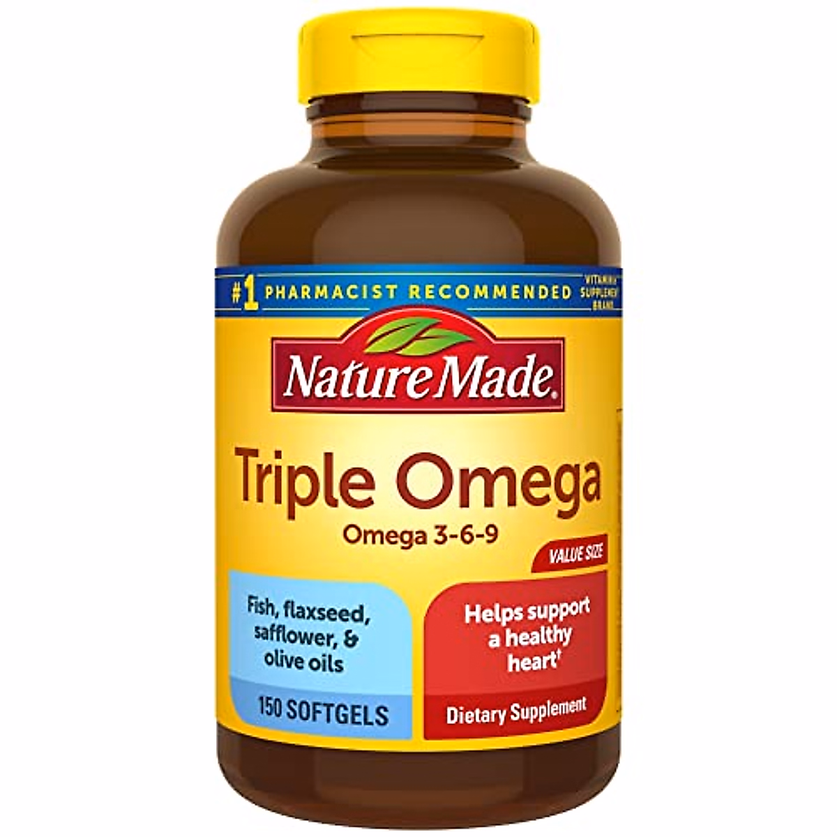 Nature Made Triple Omega 3 6 9, Fish Oil as Ethyl Esters and Plant-Based Oils, Healthy Heart Support, 150 Softgels, 50 Day Supply