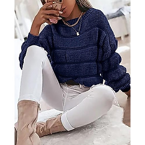 PRETTYGARDEN Women's 2024 Fall Sweaters Casual Crew Neck Pullover Long Puff Sleeve Loose Plain Chunky Knit Cute Blouse Tops (Navy,Large)