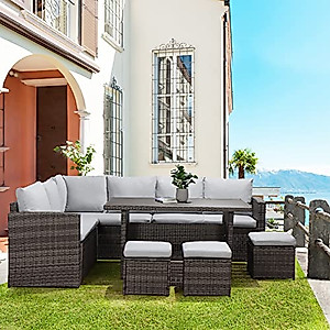 Wumiokio Patio Furniture Set, 7 Pieces Outdoor Patio Furniture with Dining Table&Chair, All Weather Wicker Conversation Set with Ottoman,Grey…