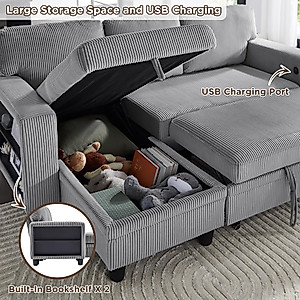 RedLemon 80”Sleeper Sofa Bed,L-Shaped Convertible Sectional Striped Couch Bed with Storage Chaise,2 Built-in Bookshelves and USB Charging Port - Light Grey