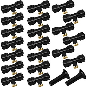 20 Pack Misting Nozzles Kit Include 20 Brass Misting Nozzles 20 Water Misting Nozzle Tees Thread 1/4 Inch and 2 Black Plug for Patio Misting System Outdoor Cooling System Garden Water Mister