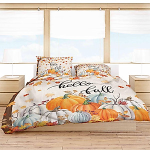 DecorLovee Hello Fall Duvet Cover Set 3 Pieces with Zipper Closure, Pumpkins Autumn Botanical Thanksgiving Rustic Bedding Sets 1 Duvet Cover & 2 Pillow Cases, Comforter Cover Set Duvet Cover Queen