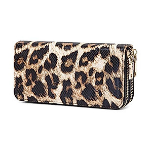 Nabegum Leopard Travel Wallet for Women Cheetah Cow Print Double Zipper Pocket Ladies Purse Large Capacity