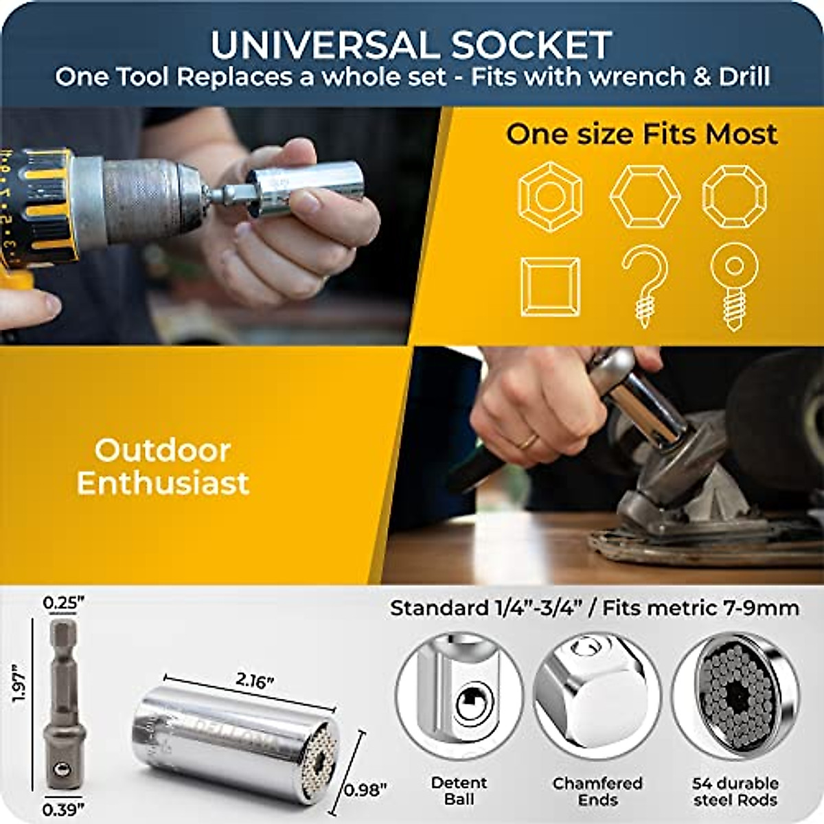 DELLONA Super Socket Stainless Steel Multitool Key 3-pcs, Dad Birthday Gifts For Men, Universal Socket Tool to Unscrew Any Bolt, Ruler, Bike Spoke Key Cool Gifts For Dad/ Fathers Who Wants Nothing