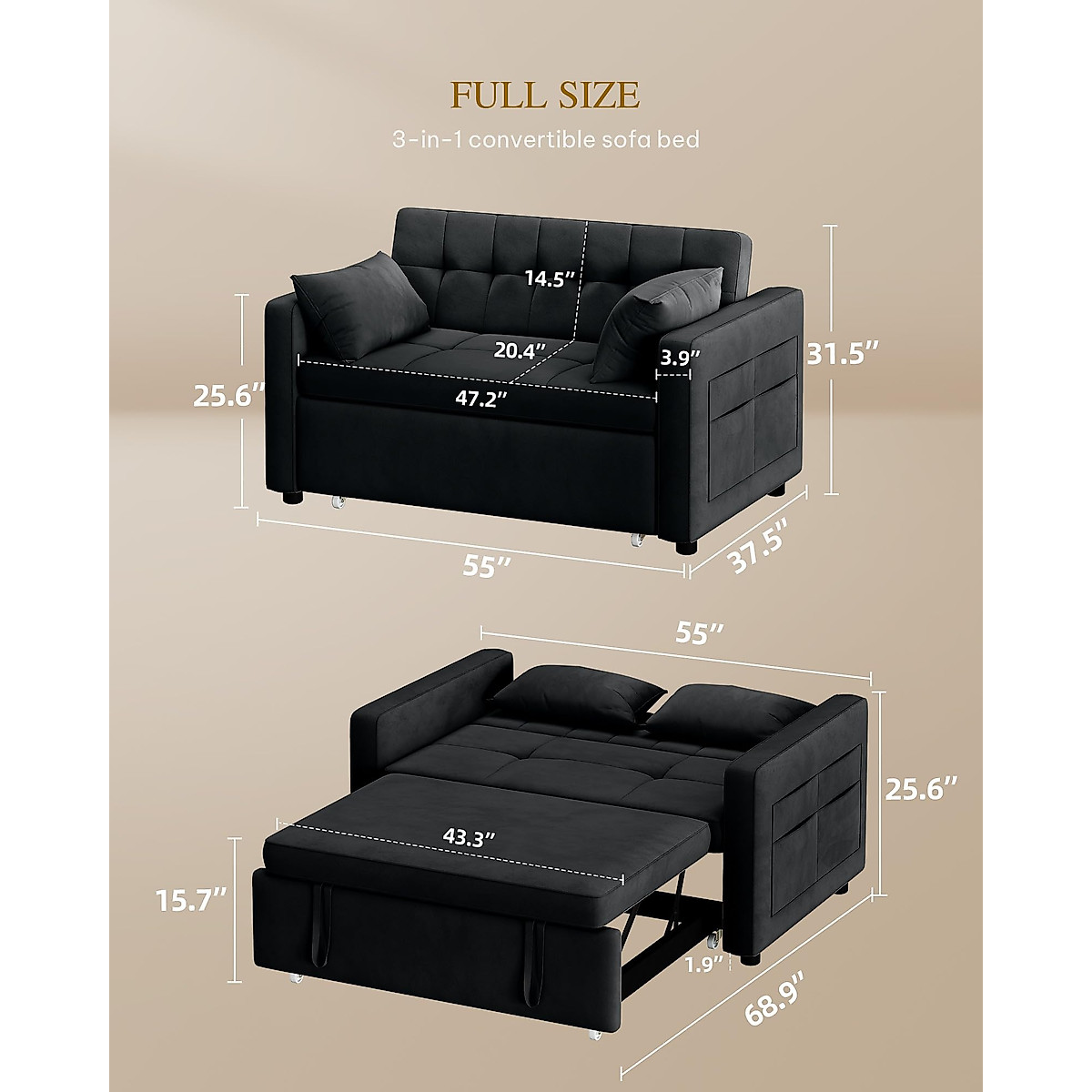 YITAHOME 55" Convertible Sofa Bed, Velvet Sleeper Sofa with Pull-Out Bed, 3-in-1 Futon Couch with Reclining Backrest and Side Pocket, Modern Loveseat for Living Room, Black, Full Size