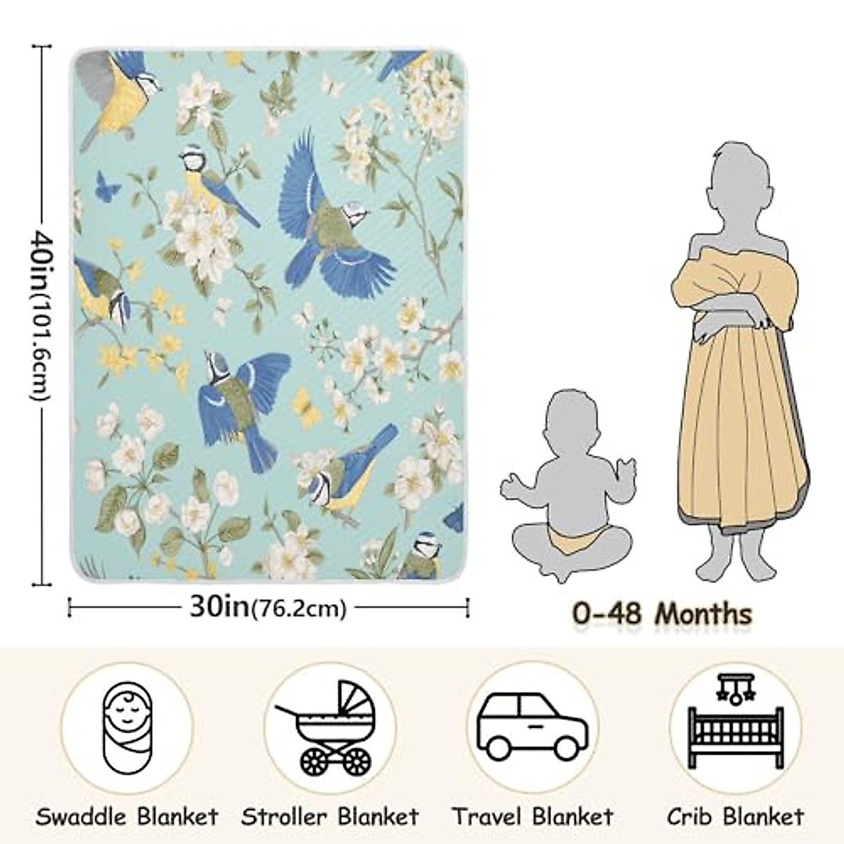 Kigai Floral Bird Pattern Baby Blanket for Boys Girls, Swaddle Blankets Soft Cozy Nursery Receiving Blankets Travel Blanket Throw Blankets for Toddler Newborn, 30 x 40 Inch