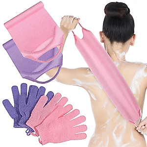 4 Pack Exfoliating Shower Bath Gloves Back Scrubber Set, 2 Exfoliating Body Scrubber Nylon Back Washer, 2 Pairs Scrub Gloves for Women Men Children Skin, Stretchable Pull Strap Washcloth, Pink, Purple