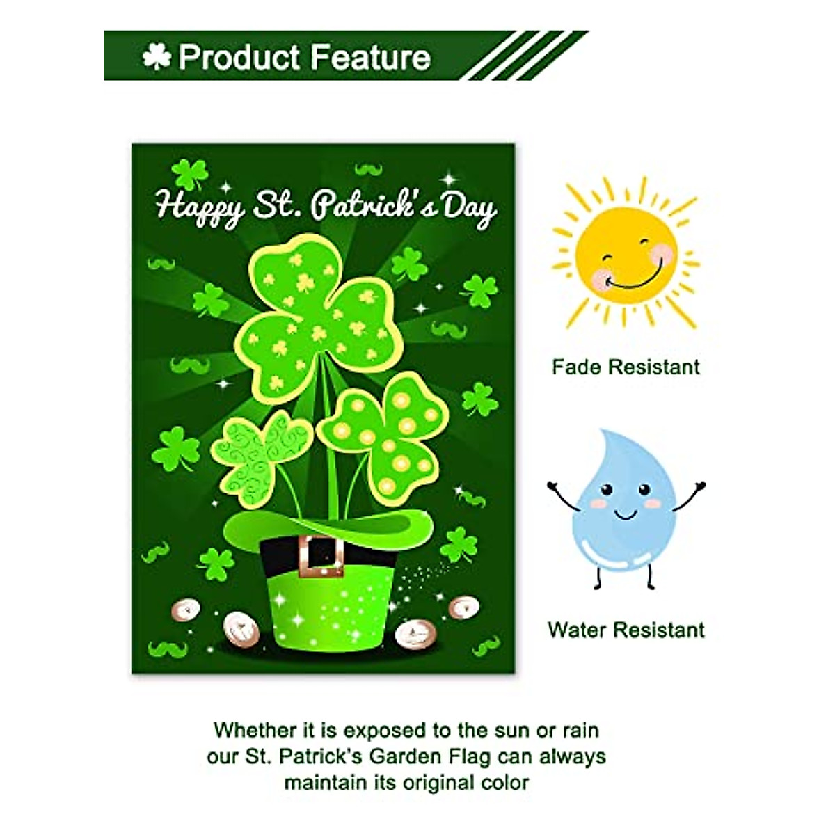 St Patricks Day Garden Flag, 12.5 x 18 inch Green Hat/Shamrock St Patrick's Day Garden Flag Decorative, Double Sided Printing Green Parade Holiday Outside Décor for Yard Farmhouse