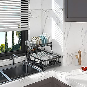 yagiya Dish Drying Rack，2-Tier Dish Racks for Kitchen Counter，Large Dish Rack with Knife case Cup Holder，Dish Drainer Organizer with Utensil Holder, Dish Drying Rack with Drain Board