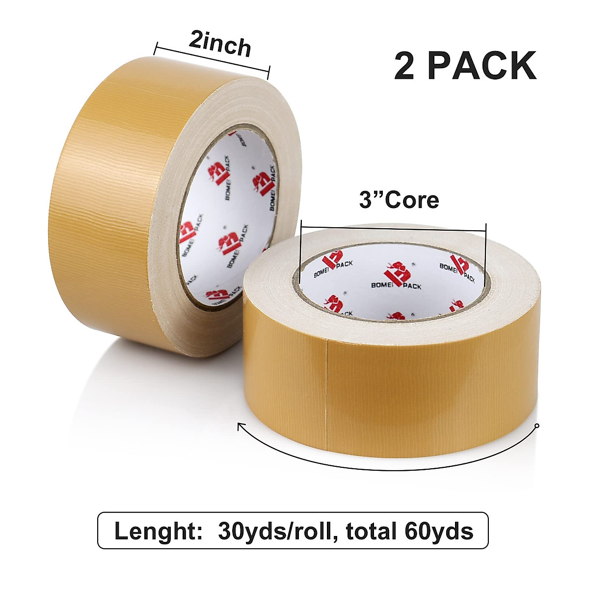 BOMEI PACK 2 Pack Tan Beige Duct Tape Heavy Duty,9 Mil Thickness,2 Inches x 30 Yards,Flexible,No Residue,Waterproof and Tear by Hand,Multi-Use for Indoor & Outdoor Repairs
