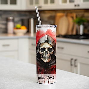 Personalized Custom Name Text Death Grim Reaper Black Red Shades Watercolor Skinny Tumbler 20oz with Straw Insulated Water Bottle Gift - 1 Line Horizontal
