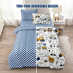 Leaflin 4-Pcs Construction Twin Size Boys Bedding Set, Kids Comforter Set for Teens w/Sheets and Pillowcase, Soft Cartoon Tractor Cars Bed in a Bag Sets