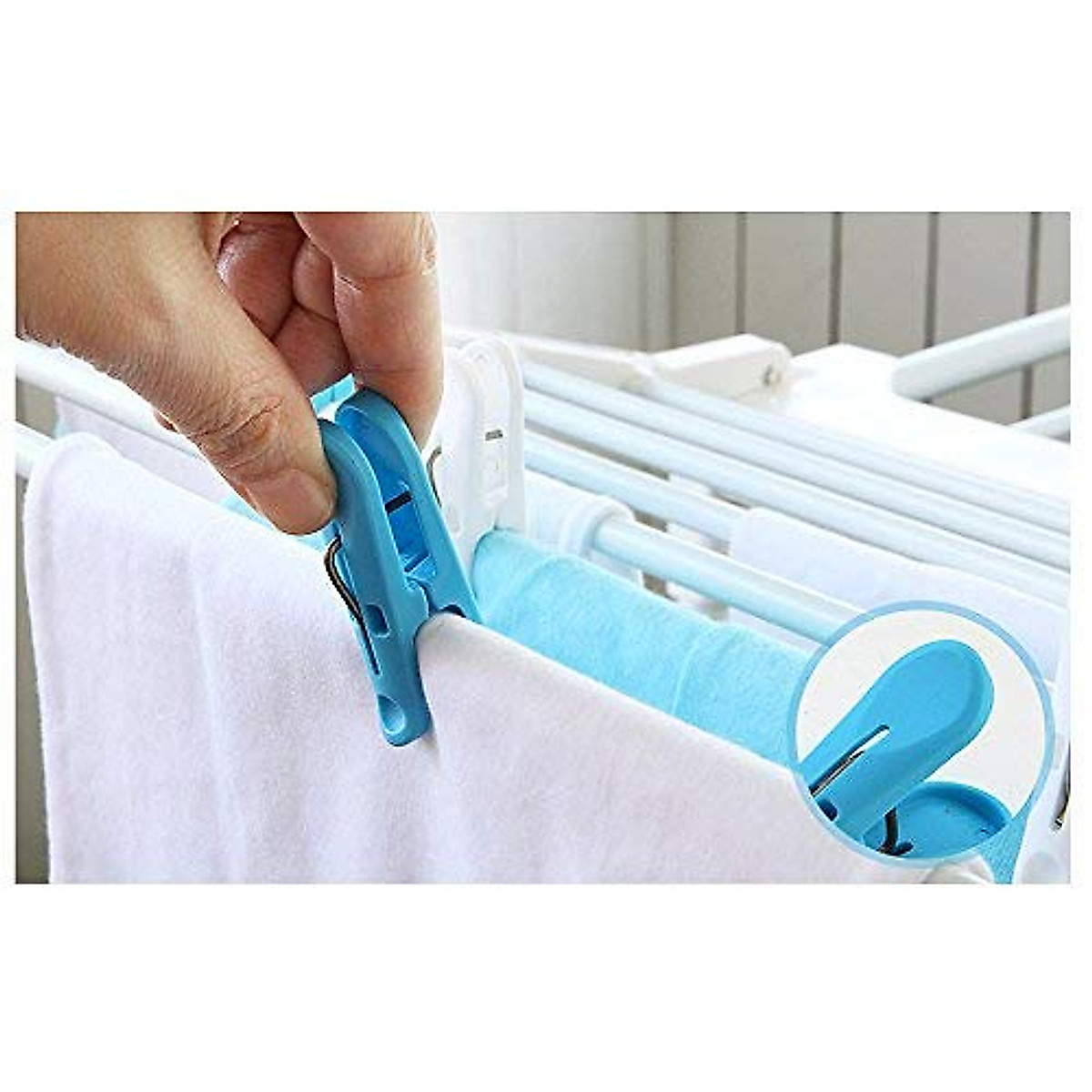 MONSTA Living Spring Clothespins - Plastic Soft Grip, Anti-Slip Clothes Pins with Sturdy Steel Springs - Blue &amp; White Attractive Clothing Line Clips - Top Air-Drying Clothing Pin Set (Pack of 14)