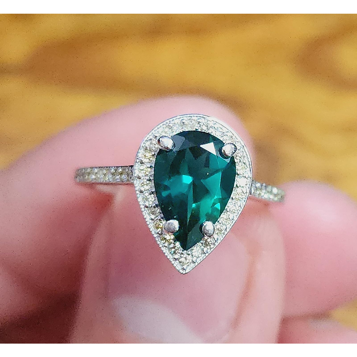 Galaxy Gold GG Stunning 1.69 Carat Total Weight 14K Solid White Gold Emerald and Natural Diamond Halo Ring Brilliant Pear Cut Tear Drop Shape Round Diamonds (6)