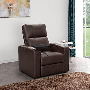 Abbyson Living Rider Powered Reclining Theater Chair - Built in USB/Power Outlet, Cup Holders, Tray/Side Table, Faux Leather Home Theater Chair, Brown