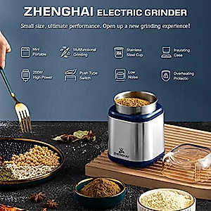 ZHENGHAI Electric Herb Grinder 200w Spice Grinder Compact Size, Easy On/Off, Fast Grinding for Flower Buds Dry Spices Herbs, with Pollen Catcher and Cleaning Brush (Blue)