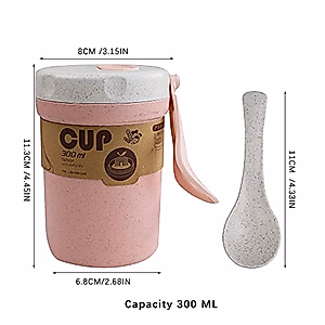 LZYMSZ 2PCS Wheat Straw Soup Cup, 300ml Portable Microwaveable Breakfast Cup, 2 Colors Porridge Lunch Box with Spoon for School Office Outdoor Travel Student (Blue and Pink)